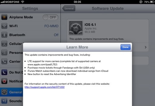 Apple bắt đầu cho tải về iOS 6.1 | mainguyen.vn